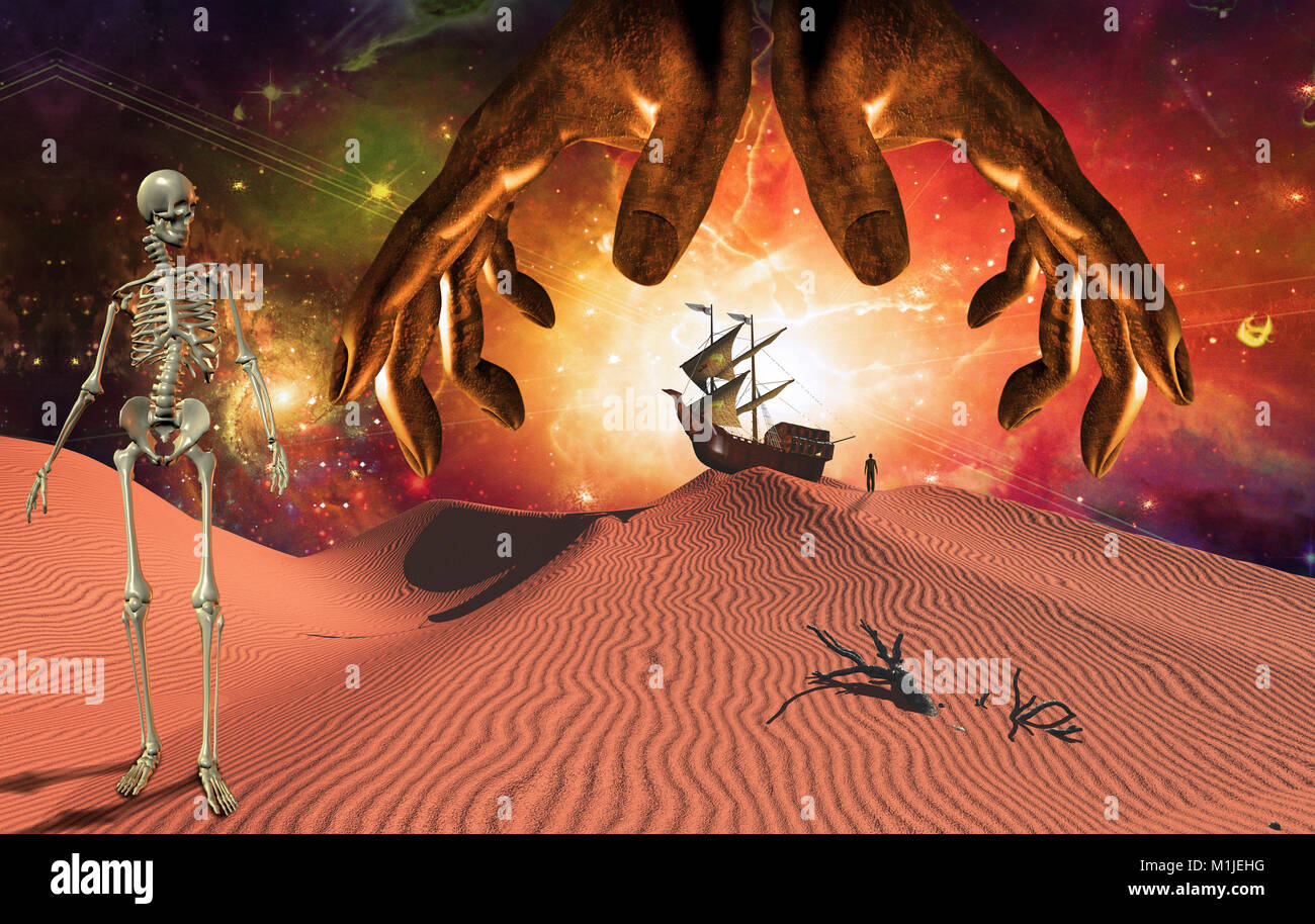 God's hands over surreal red desert. Skeleton, ancient ship on sand ...