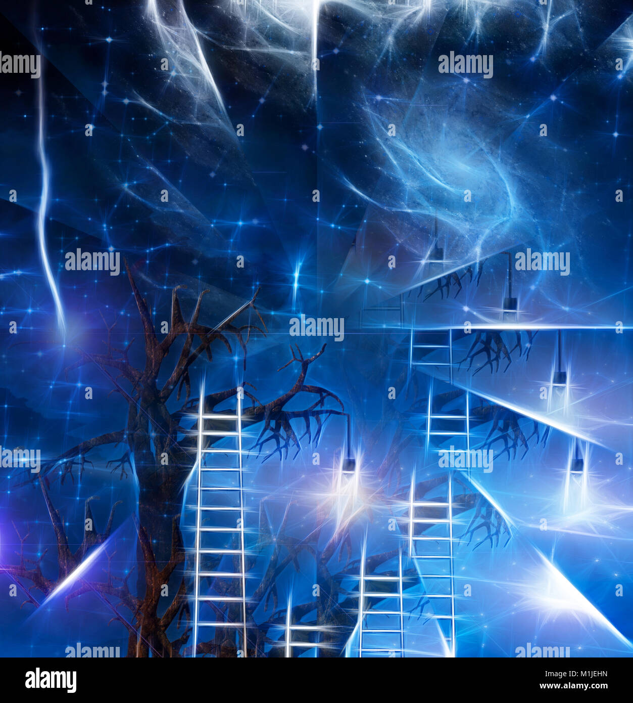 Old tree with ladders and light bulbs Stock Photo - Alamy