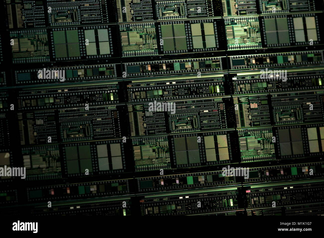 A close up shot showing multiple integrated circuit chips on a ...
