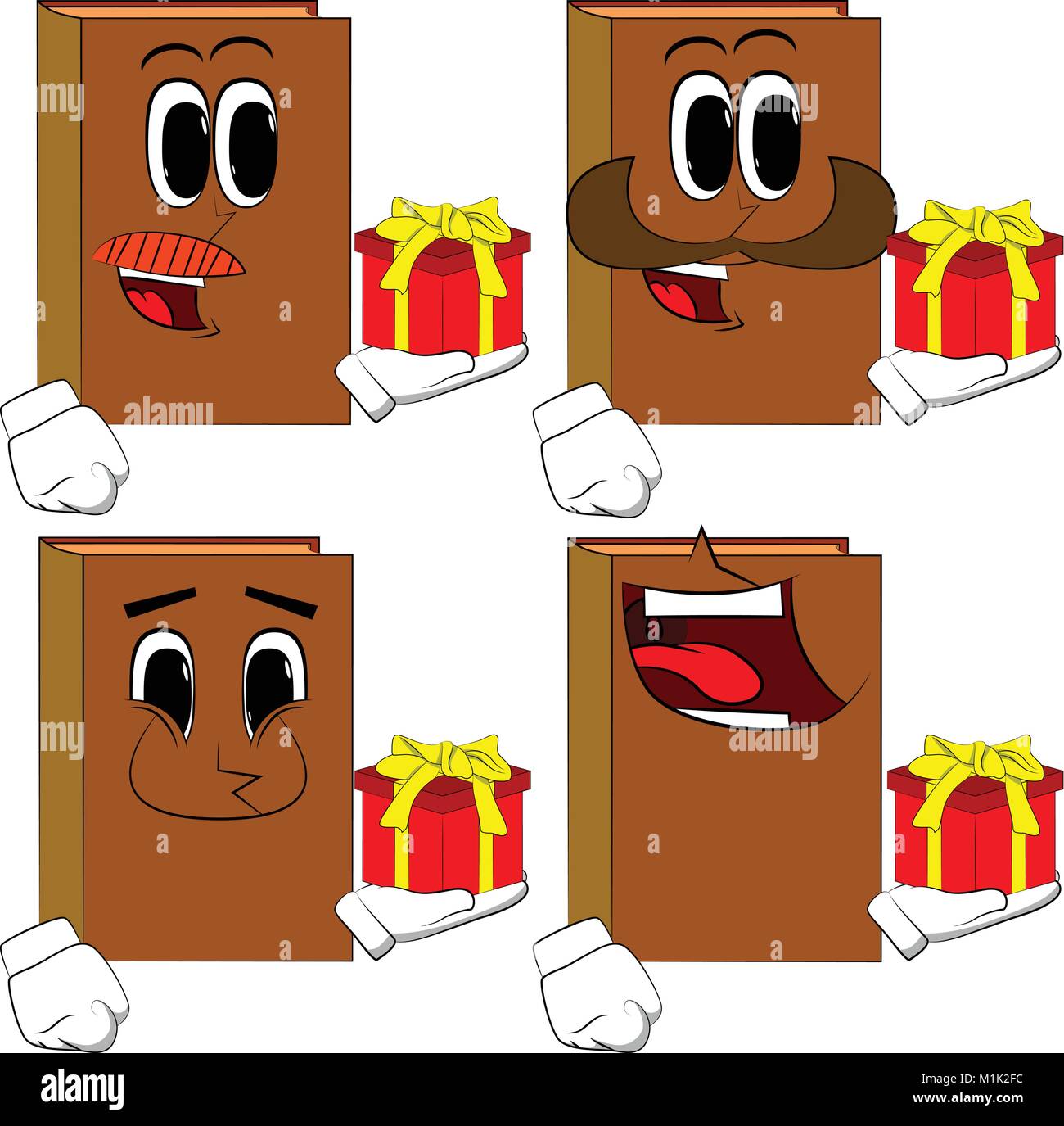 Books holding small gift box. Cartoon book collection with happy faces ...