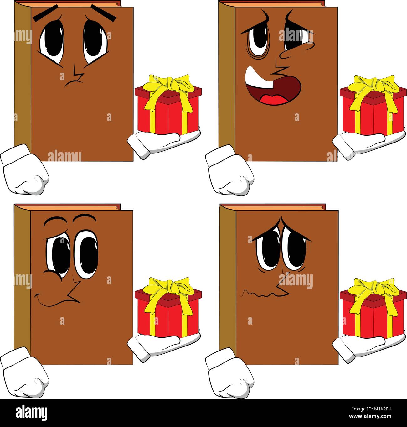 Books holding small gift box. Cartoon book collection with sad faces ...