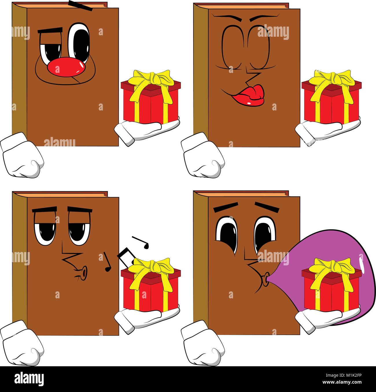 Books holding small gift box. Cartoon book collection with various ...