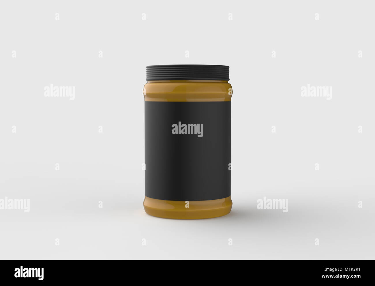 Mustard jar mock up with black label isolated on soft gray background ...