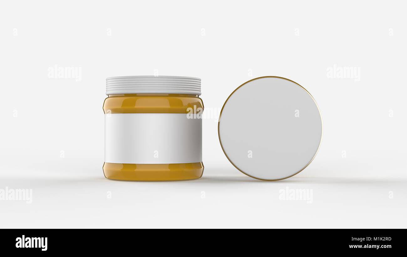 Mustard jar mock up with white label isolated on soft gray background ...