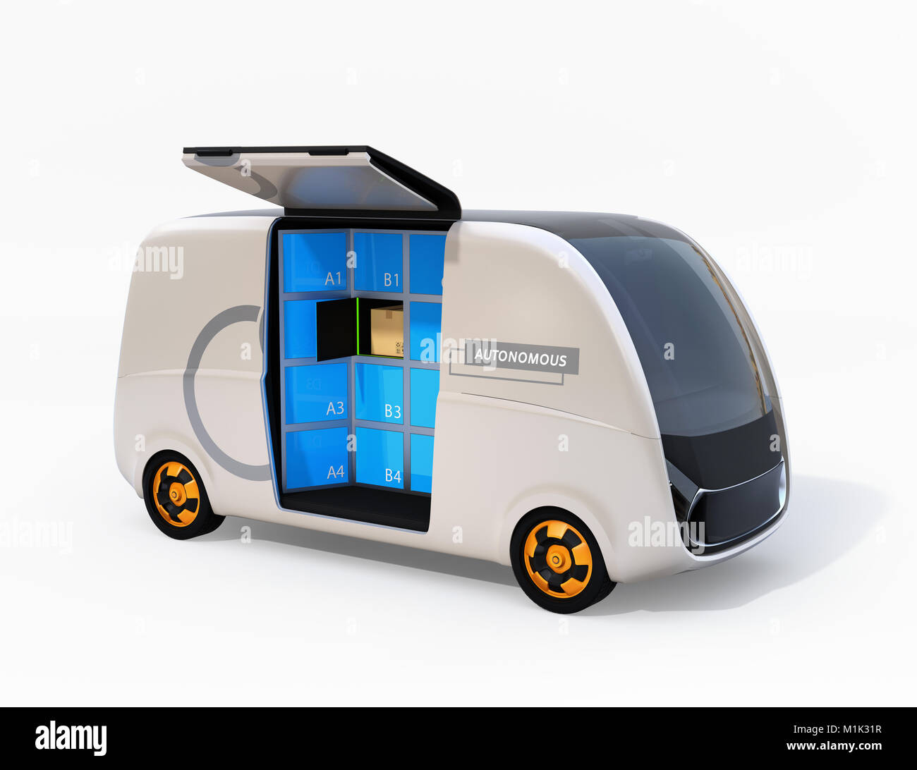 Self-driving delivery van isolated on white background with side door ...