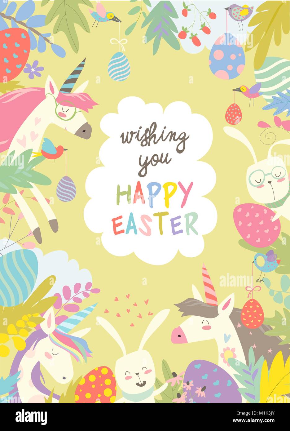 Cute frame composed of Easter bunnies,unicorns and easter egg Stock ...