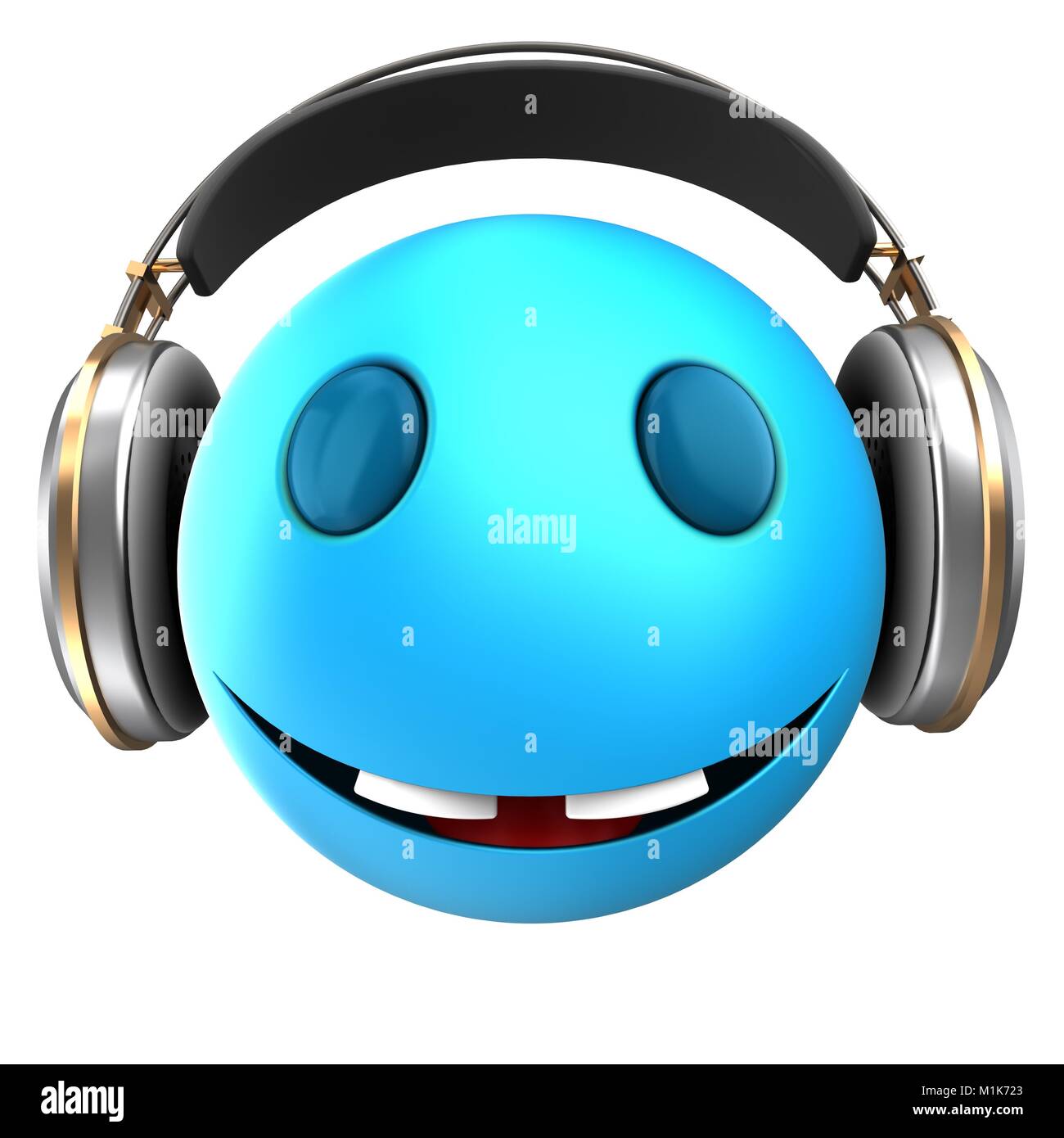 3d illustration of blue emoticon smile with headphones over white ...