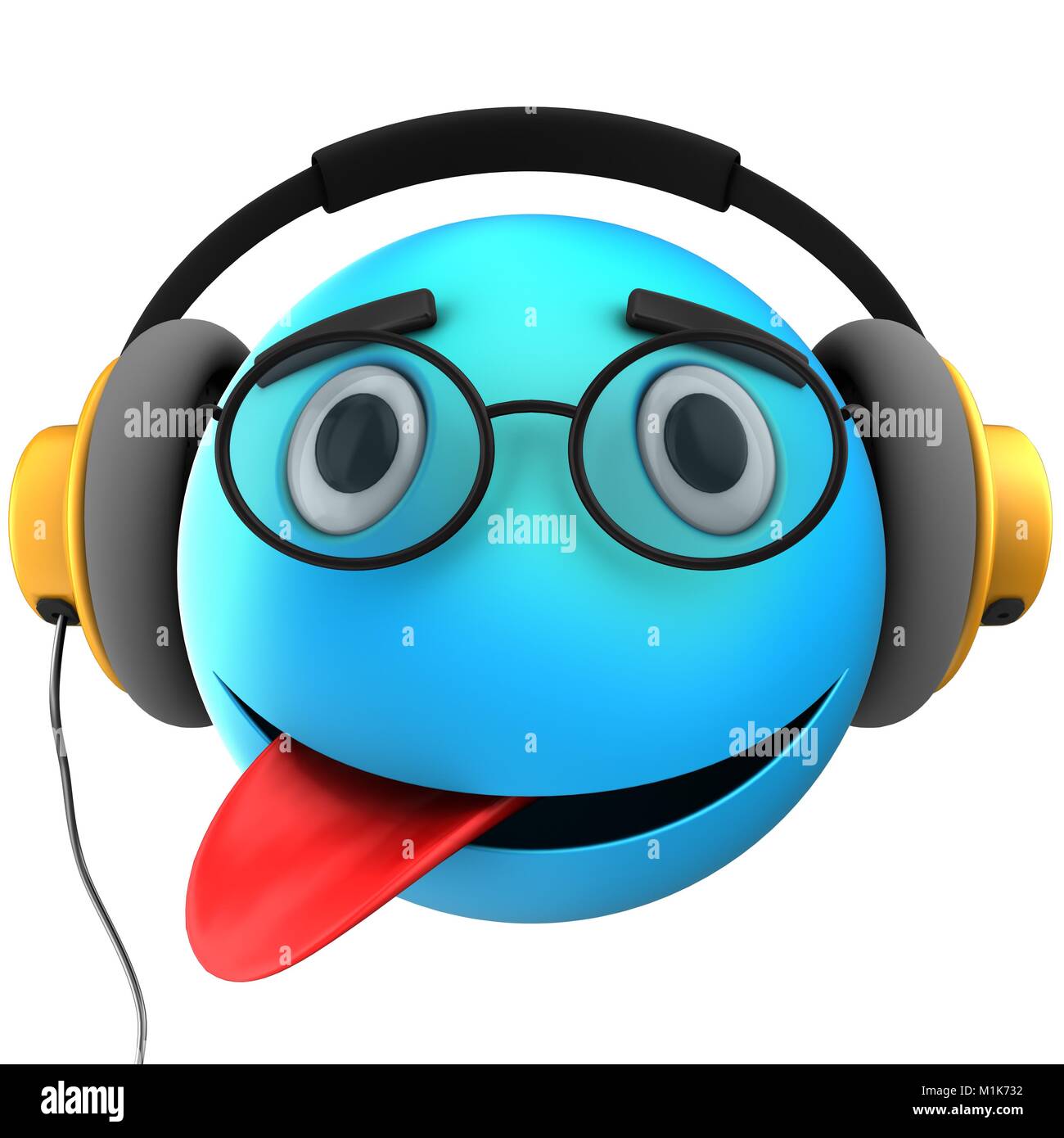 3d illustration of blue emoticon smile with yellow headphones over ...