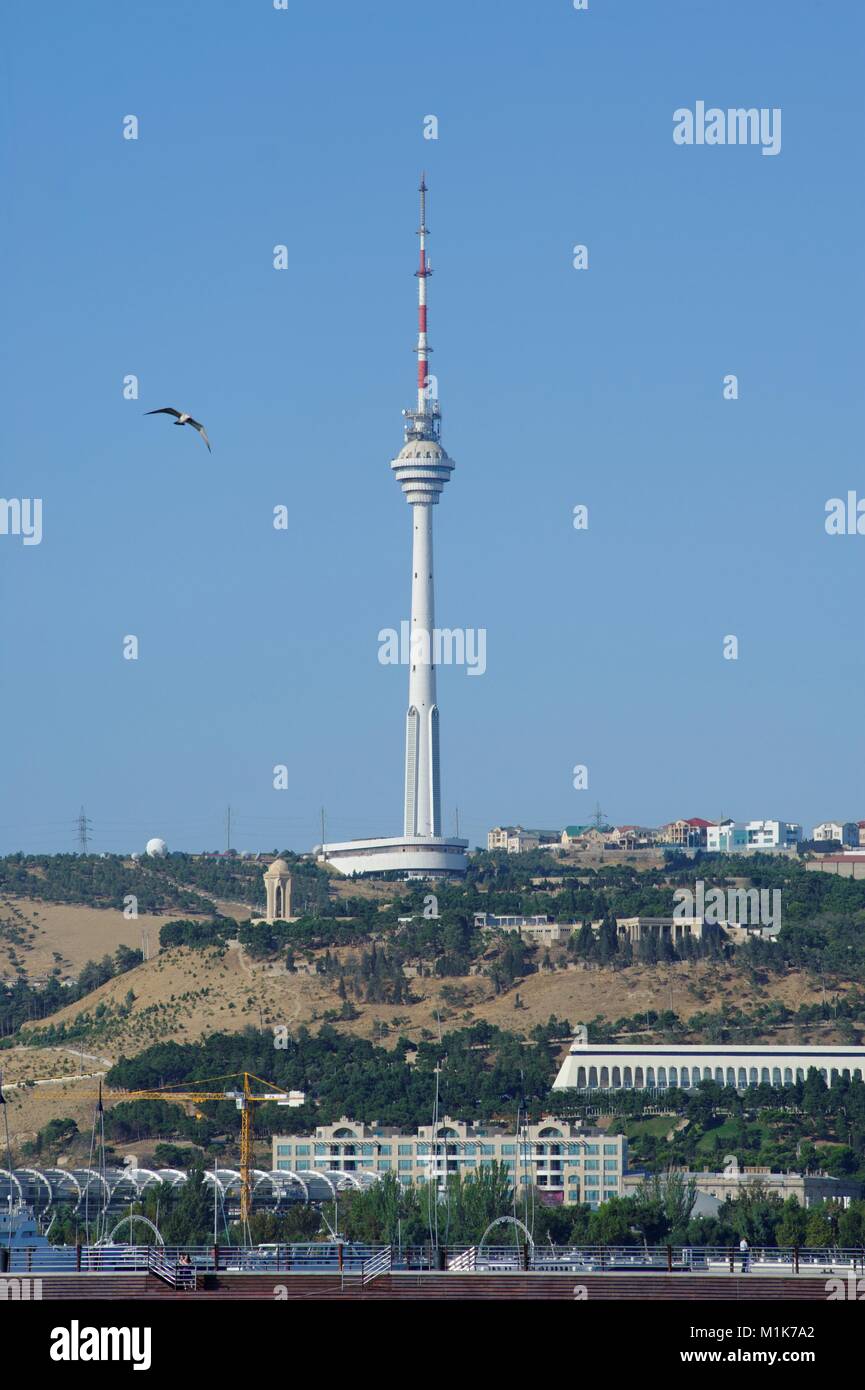 Baku, Azerbaijan 2010.The TV tower and restaurant seen on top of a hill ...