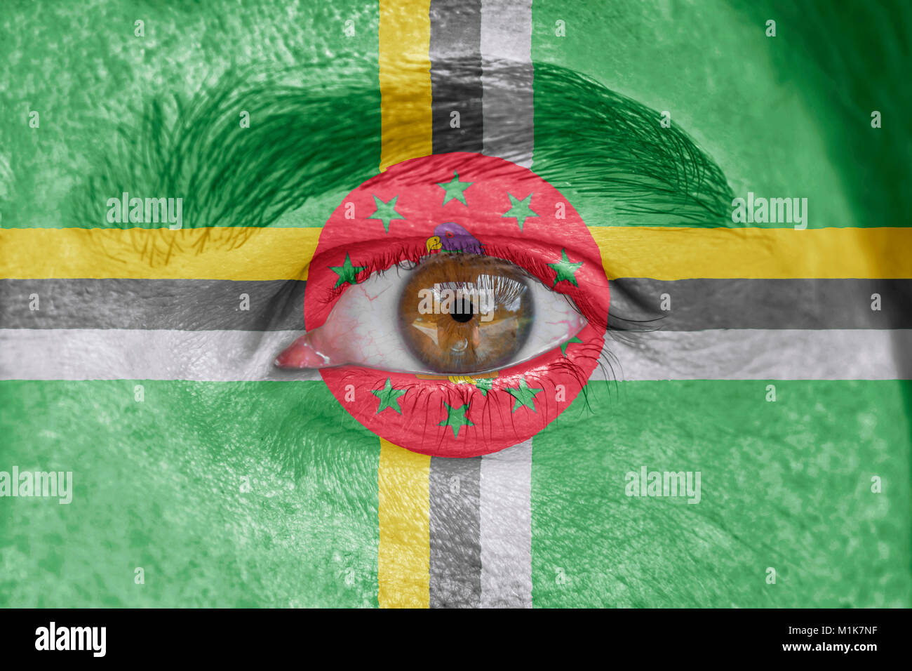 Human face and eye painted with flag of Dominica Stock Photo - Alamy