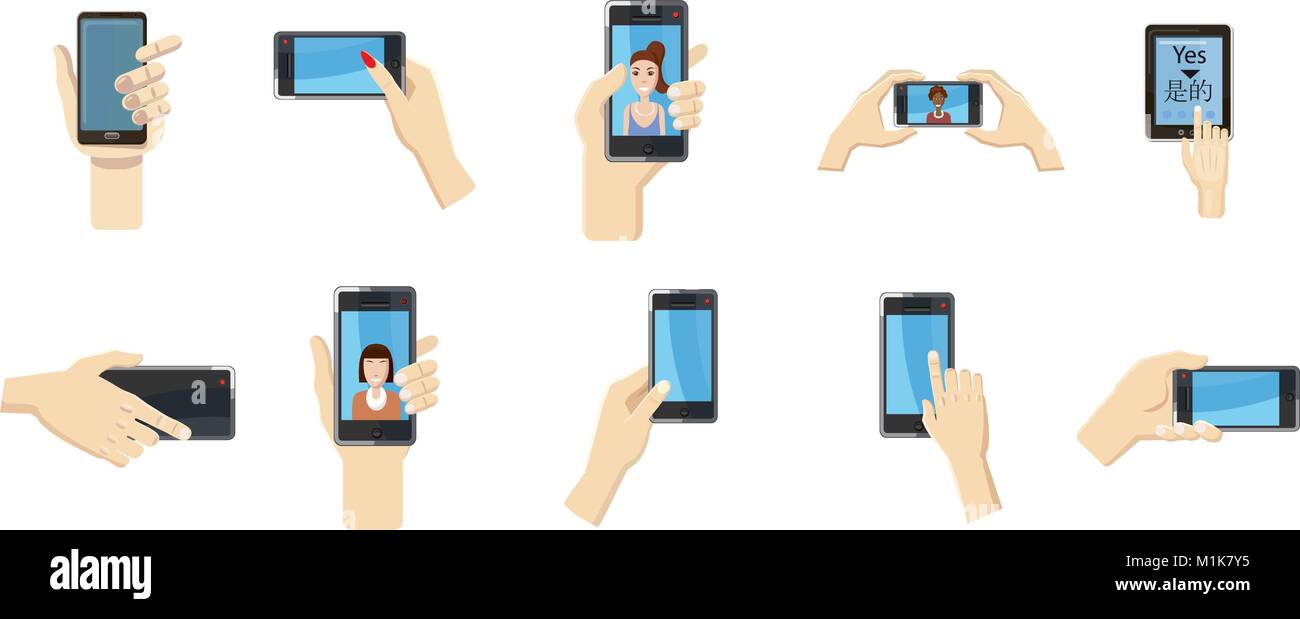 Smartphone in hand icon set, cartoon style Stock Vector Image & Art - Alamy