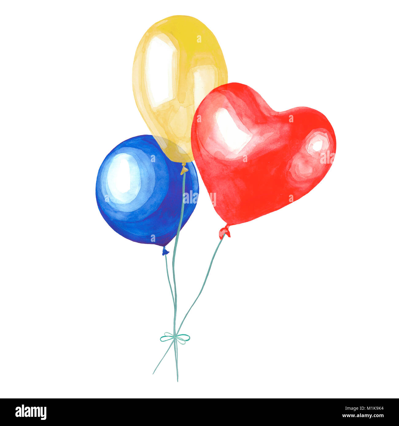Watercolor illustration of a bundle of balloons on a string. Isolated ...