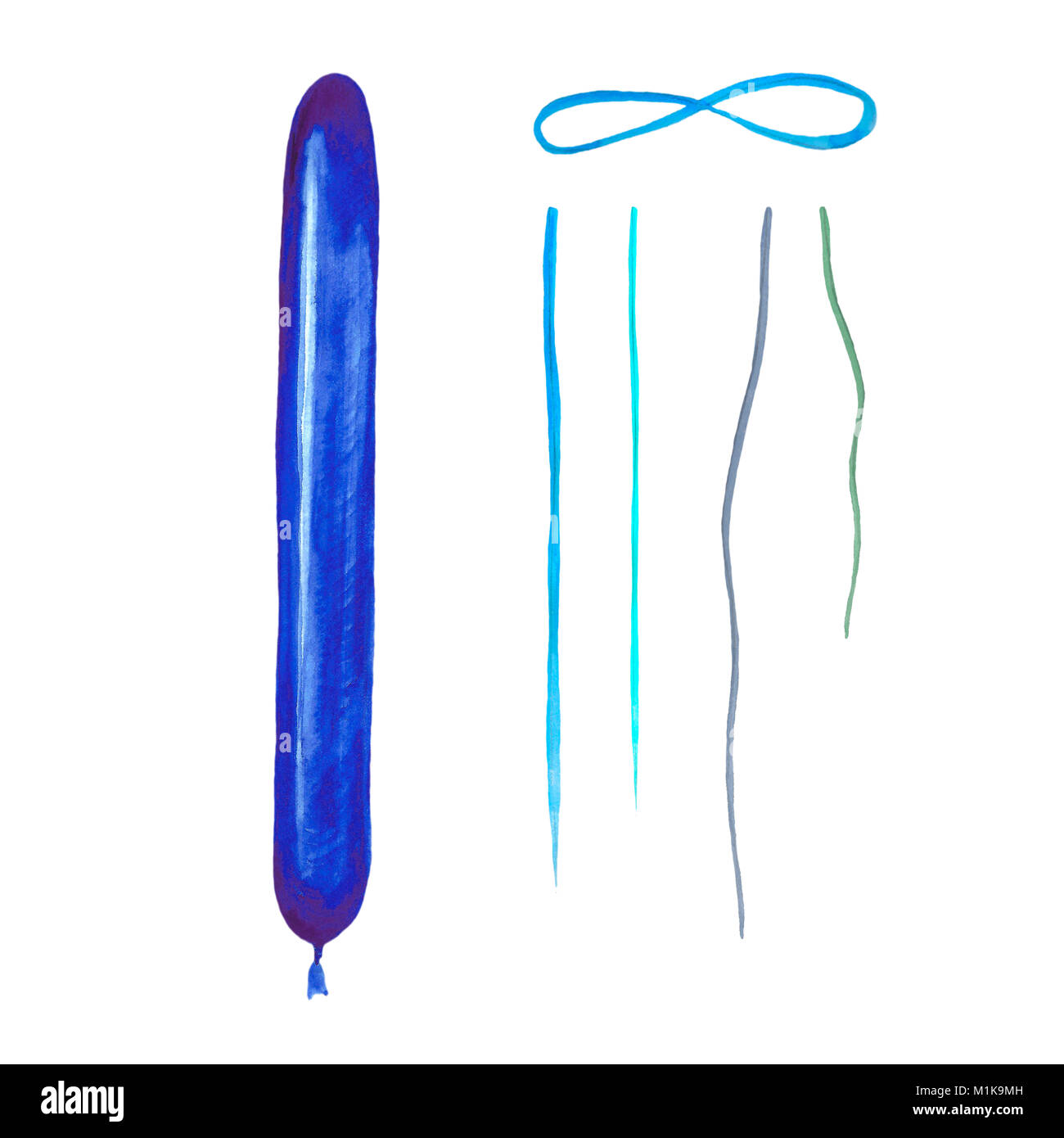 Watercolor illustration of a blue long balloon with a string. Isolated ...