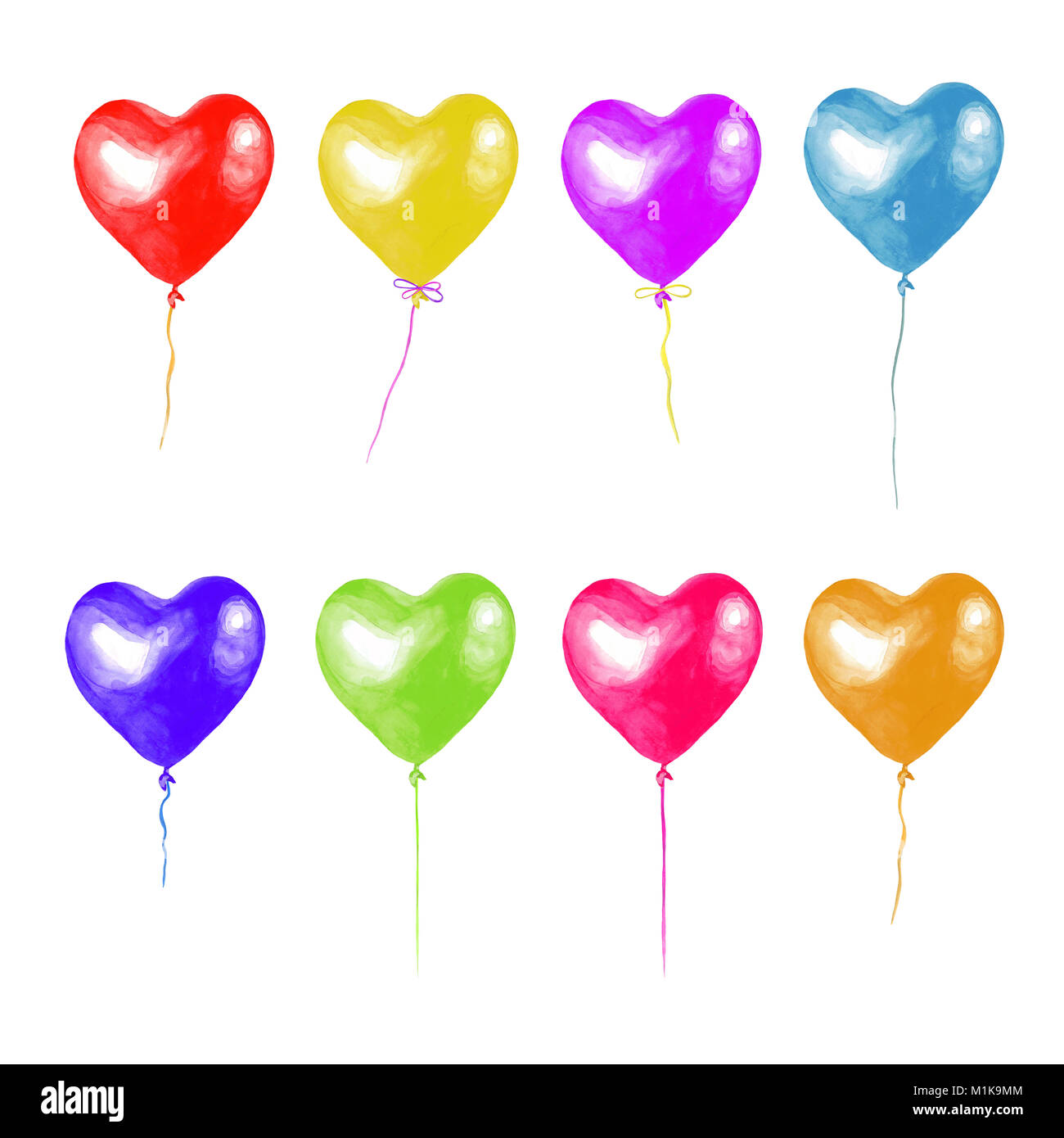 Watercolor bundle of colored air balloons in the shape of the heart ...