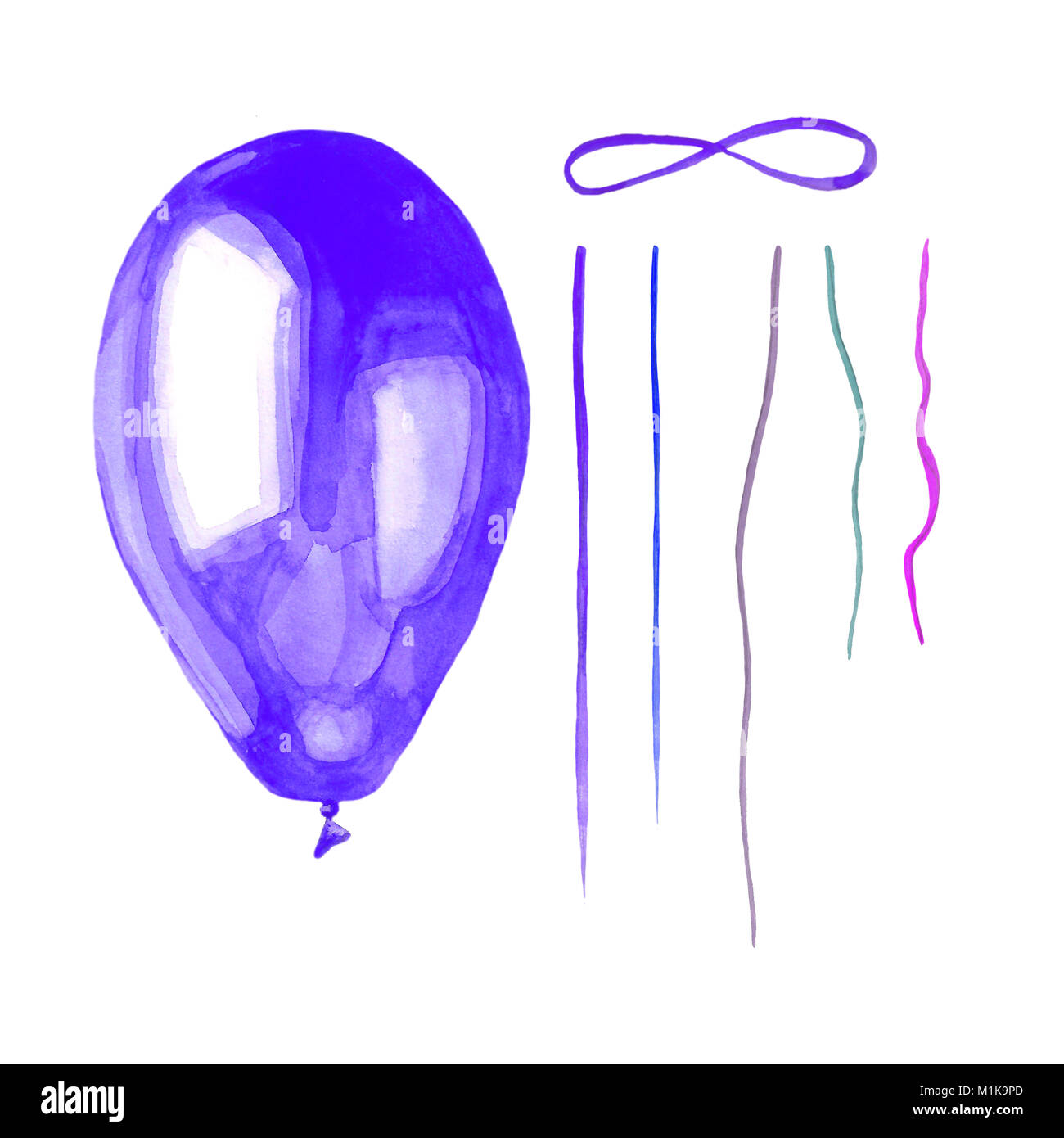 Watercolor illustration of a blue oval balloon with a string. Isolated ...