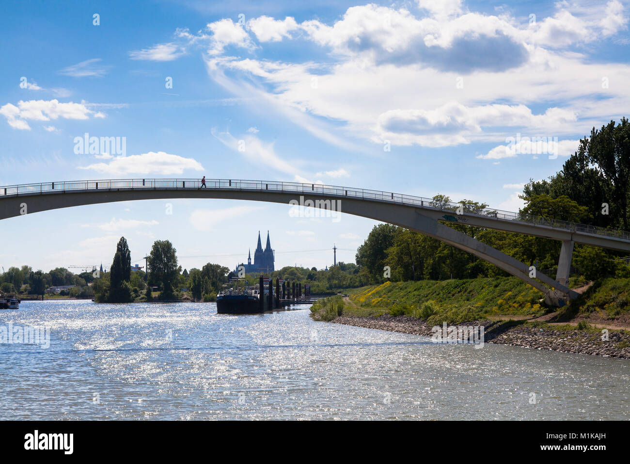 Germany, Cologne, pedestrian bridge at the harbor in the district ...