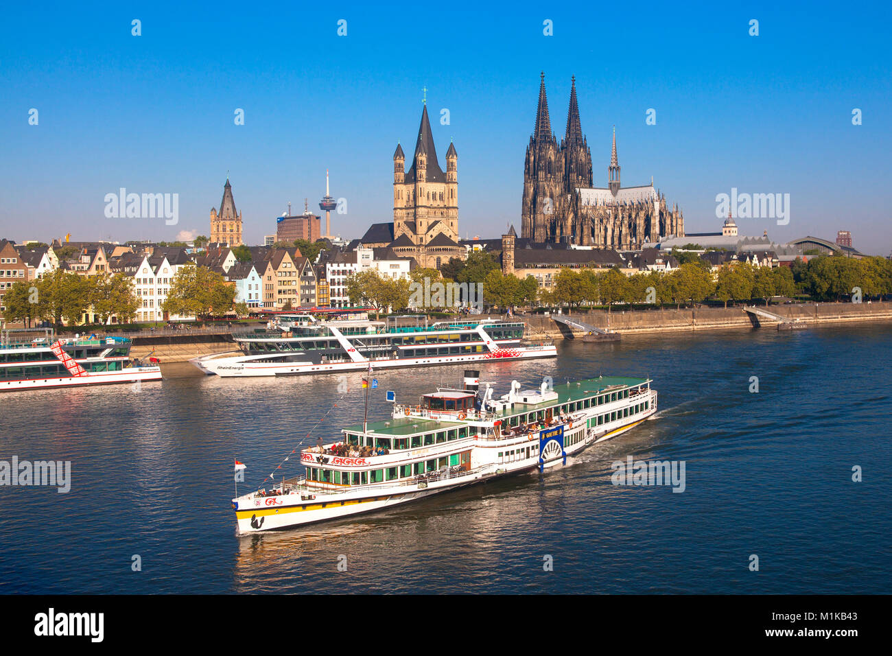 Germany, Cologne, view across the river Rhine to the old part of the ...