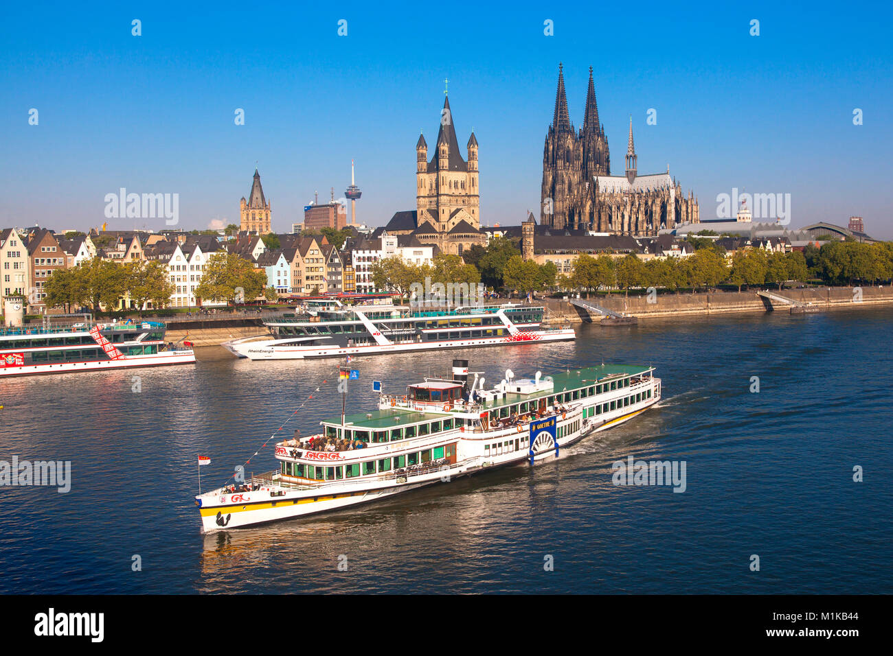 Germany, Cologne, view across the river Rhine to the old part of the ...