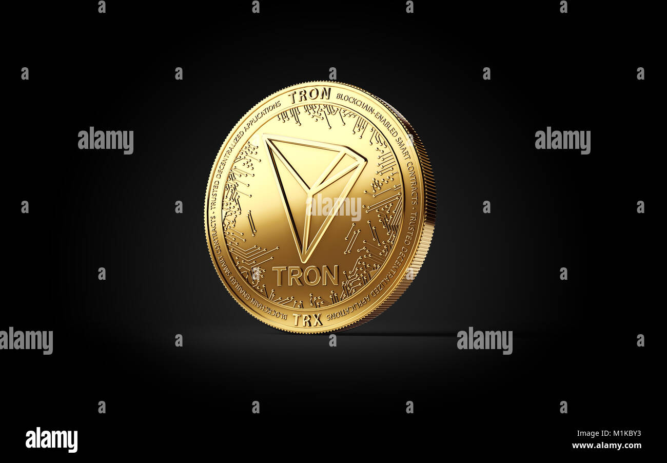 Golden TRON cryptocurrency concept coin isolated on black background ...