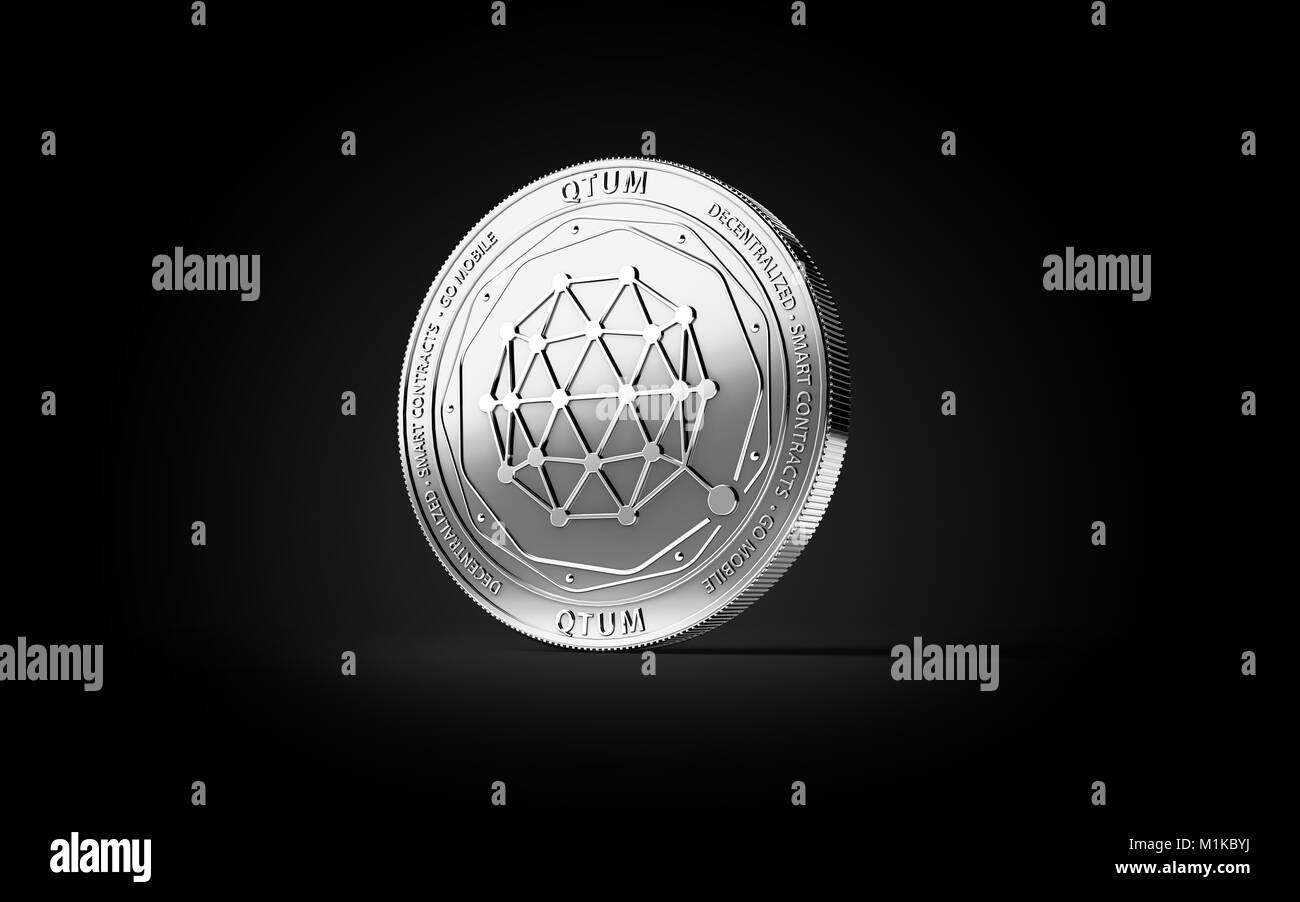 Silver QTUM cryptocurrency physical concept coin isolated on black ...