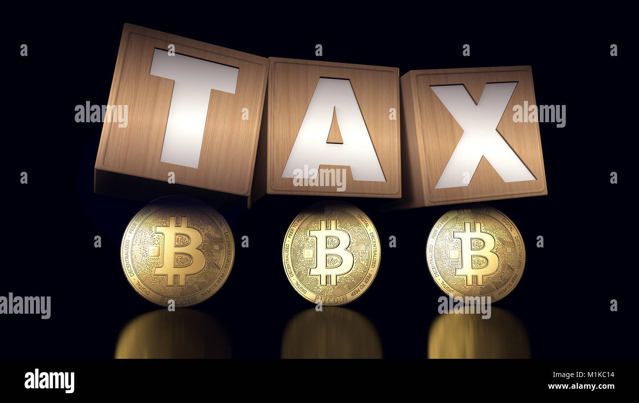 Bitcoin tax concept with wooden blocks and Bitcoins under it. 3D ...