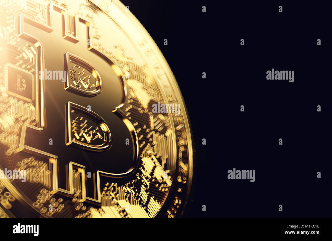 Golden Bitcoin in close-up shot on black background with copy space on ...