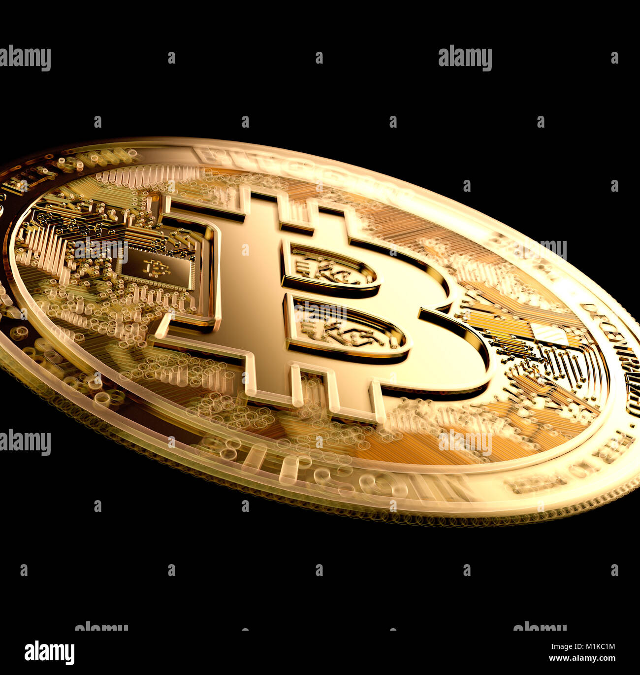 Bitcoin in blurry close-up on black background with copy space above ...