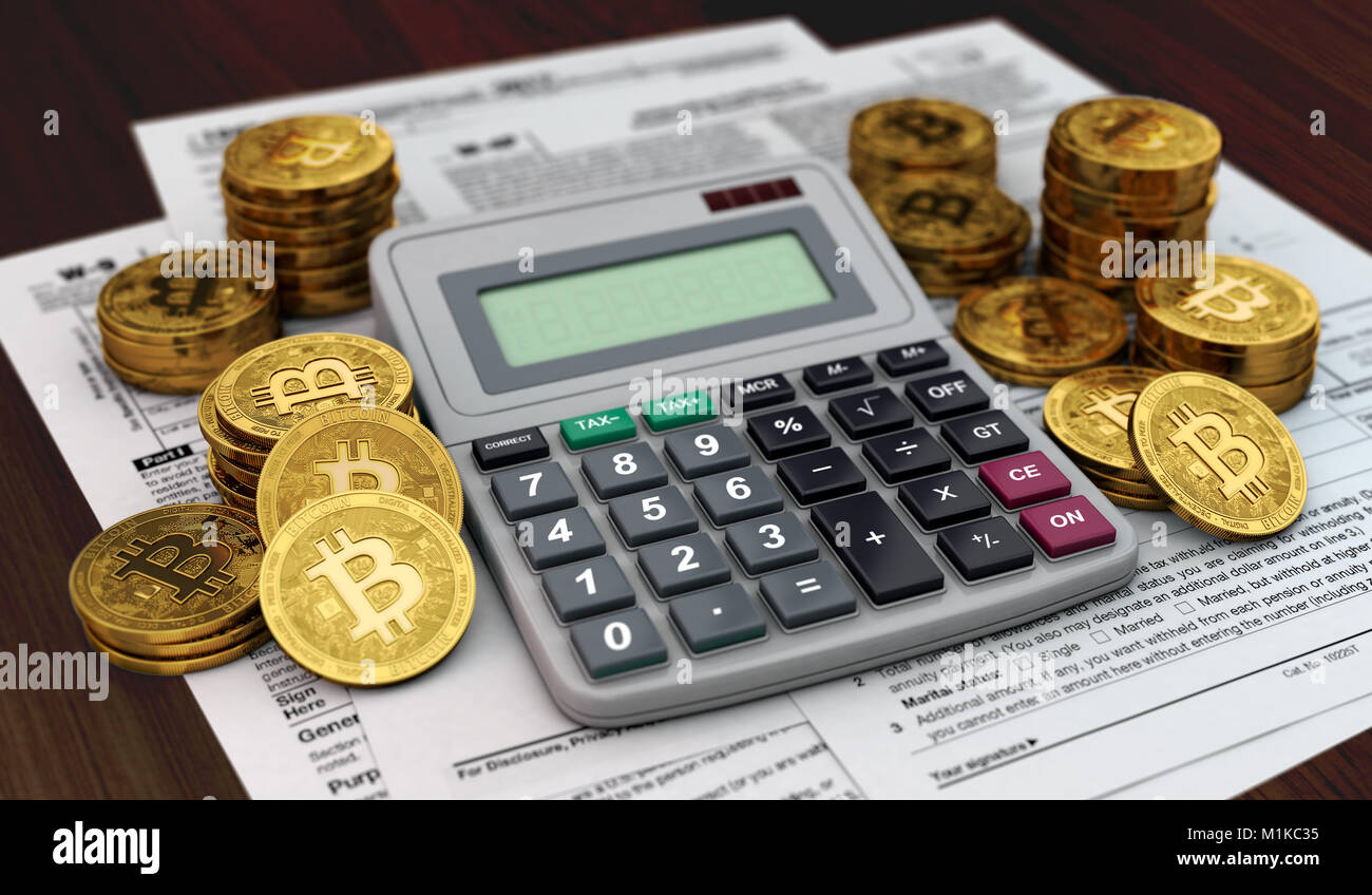 Calculator, documents and piles od Bitcoins. Accounting services for ...