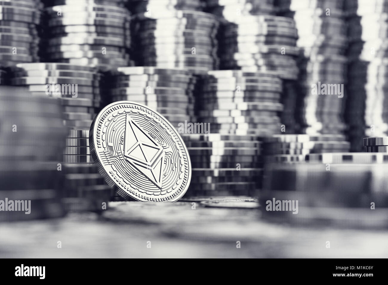 Stack and piles of Silver Ethereum coin in close up shot. 3D rendering ...