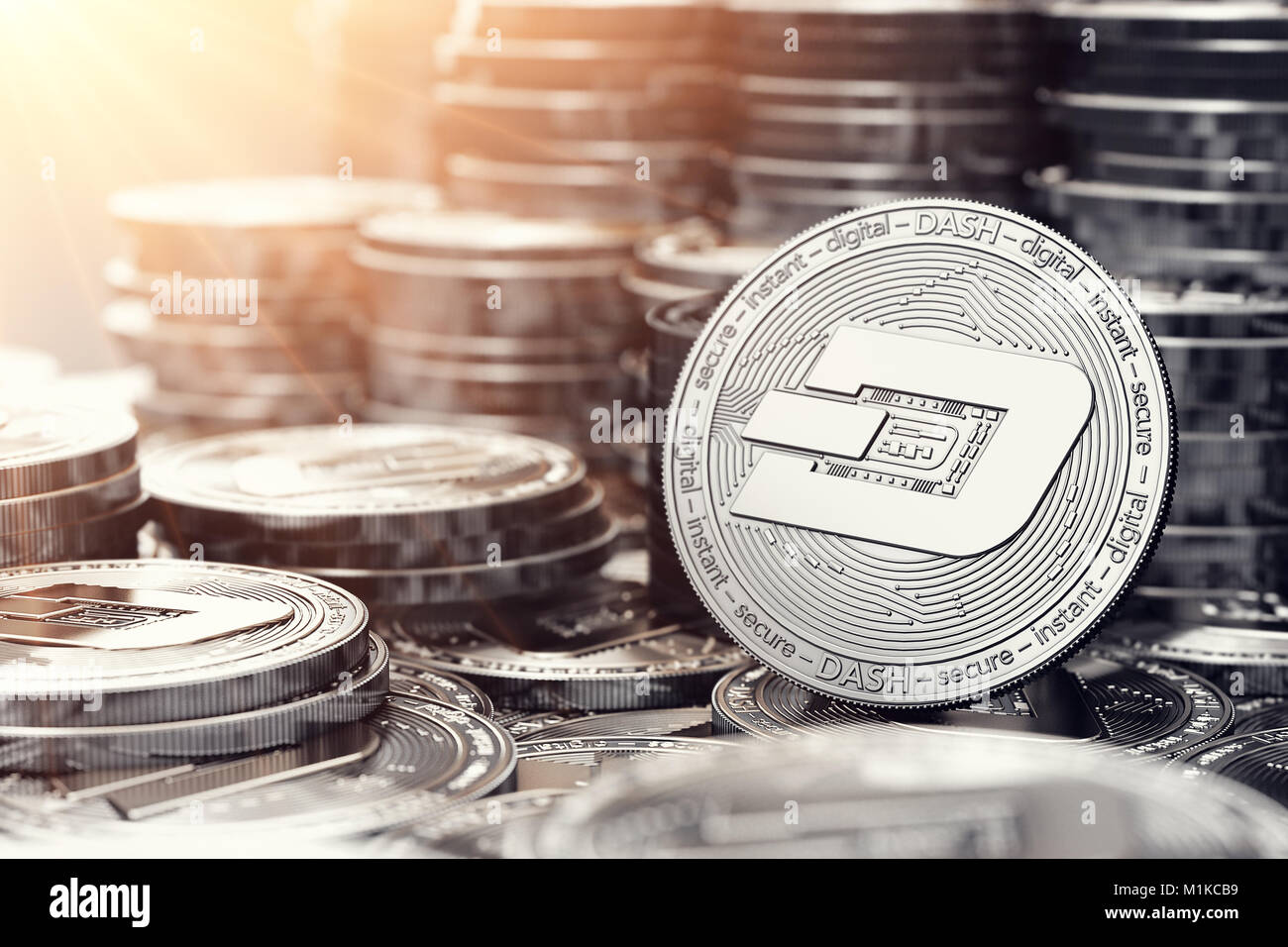 Silver Dash coin in closeup shot. Bright sun flare as a sign of ...