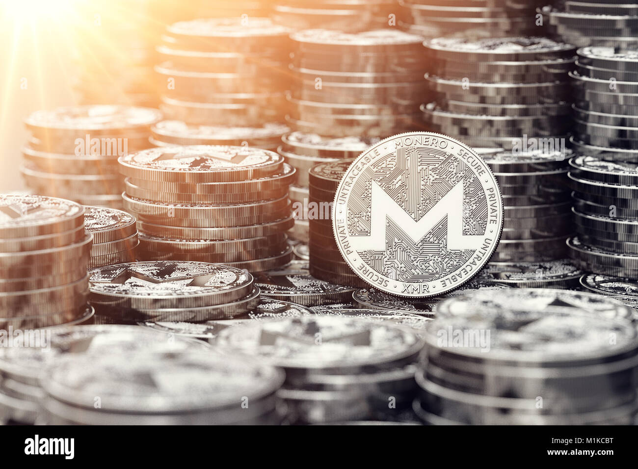 Silver Monero coin and piles of coins. Bright sun flare as a sign of ...