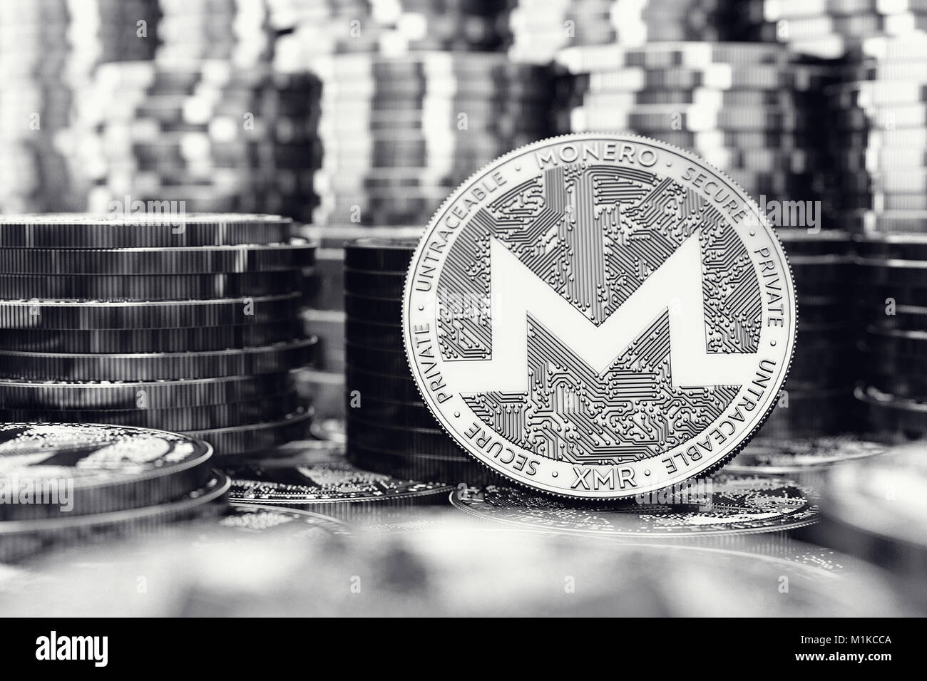 Silver Monero coin on the right among piles of coins. 3D rendering ...