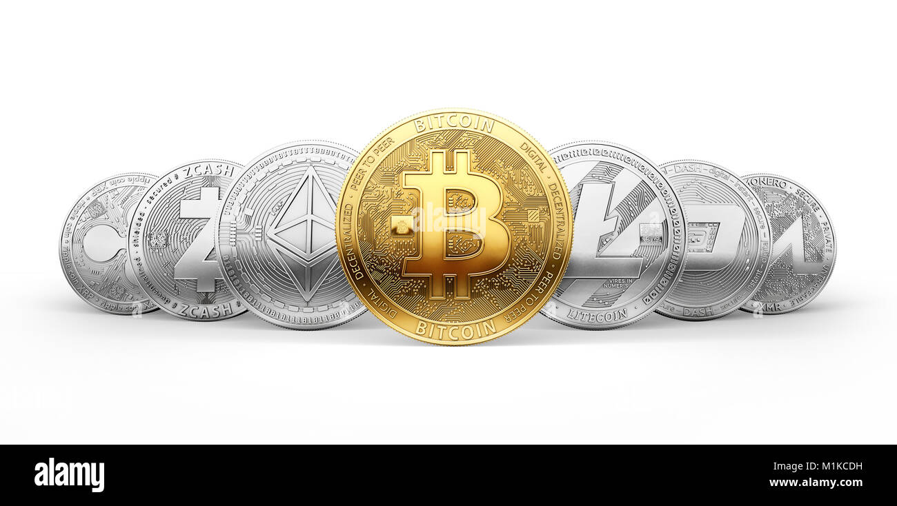 Set of 7 different cryptocurrencies and a golden bitcoin on the front ...