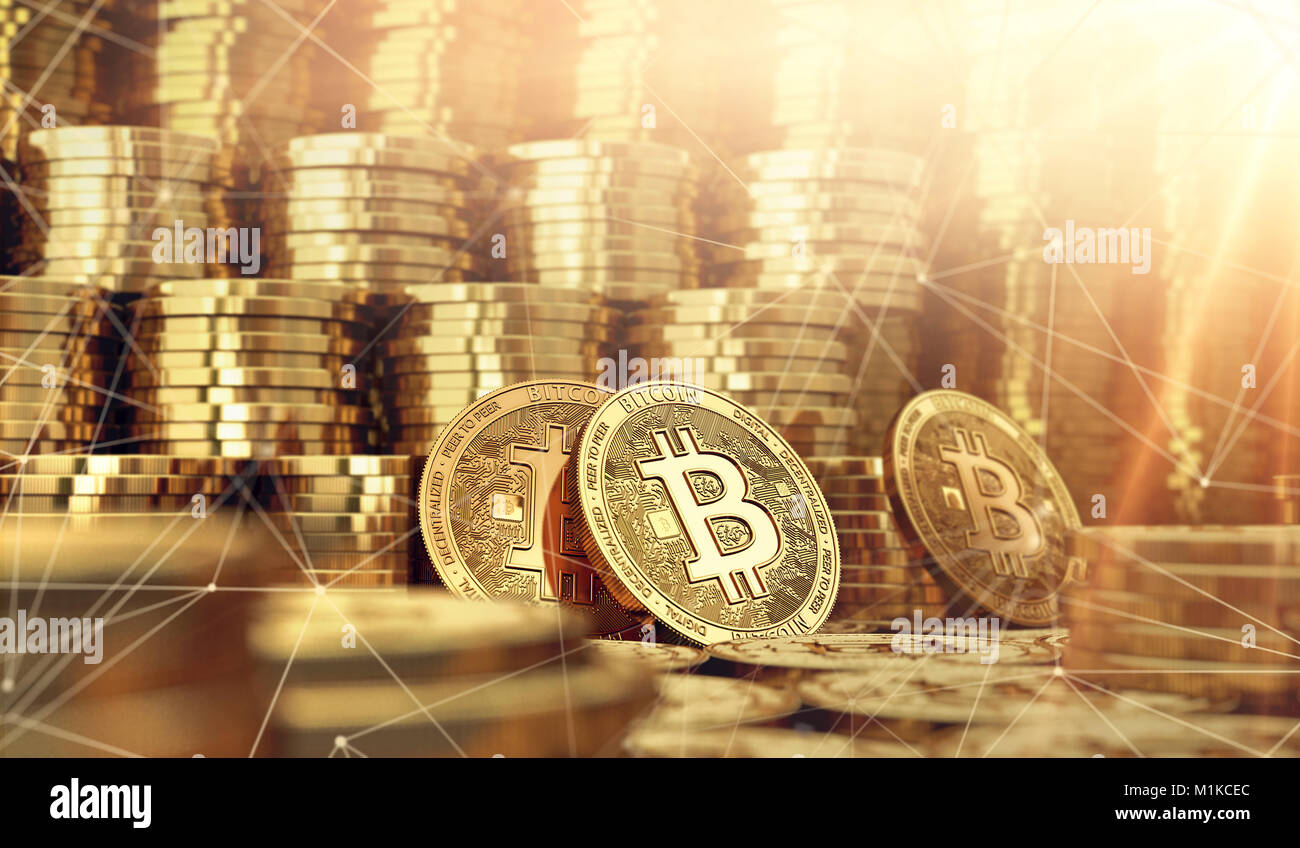 Golden Bitcoin coins and blockchain nodes around in blurry closeup ...