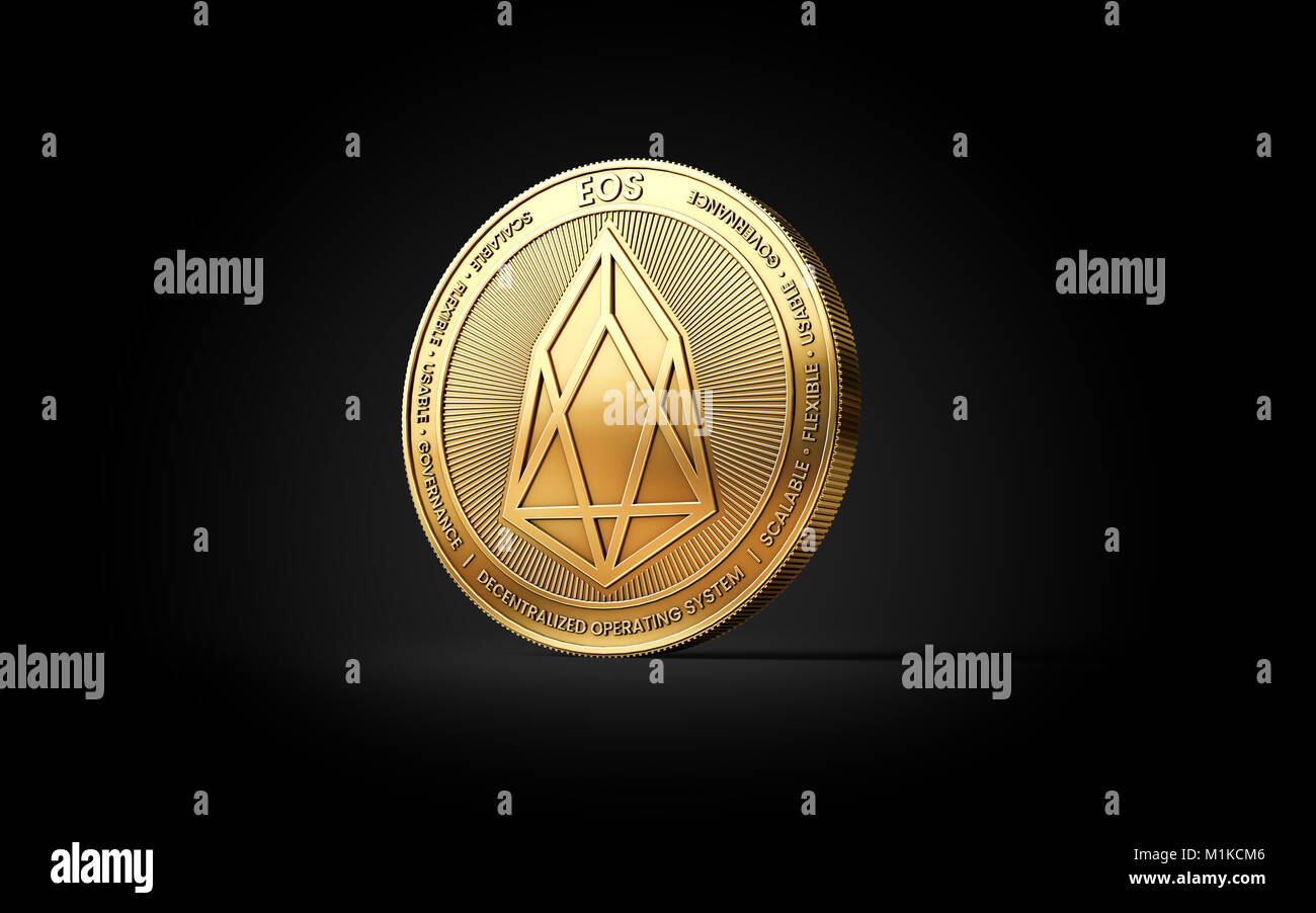 Golden EOS cryptocurrency coin isolated on black background. 3D ...