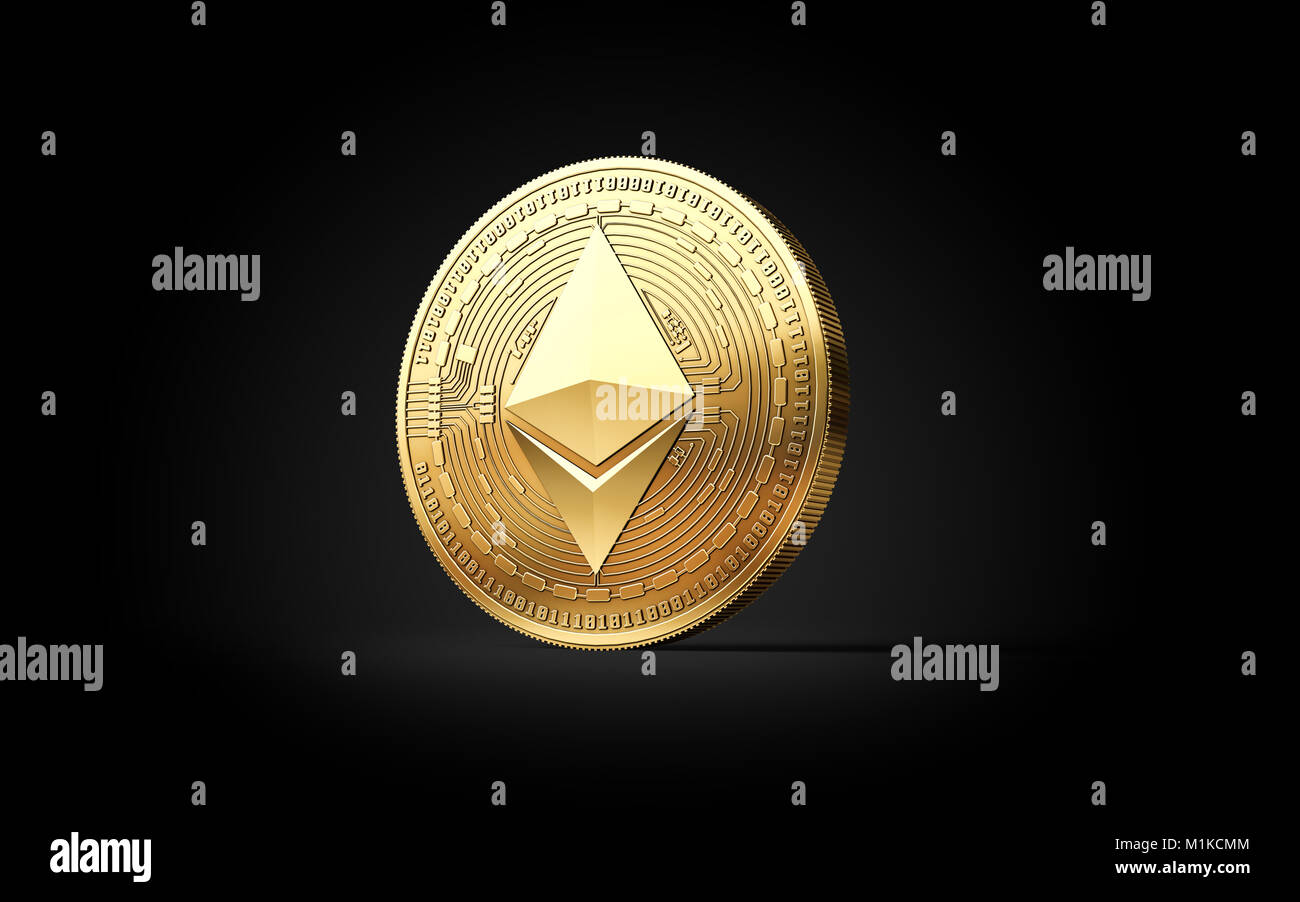 Golden Ether ETH cryptocurrency coin isolated on black background. 3D ...