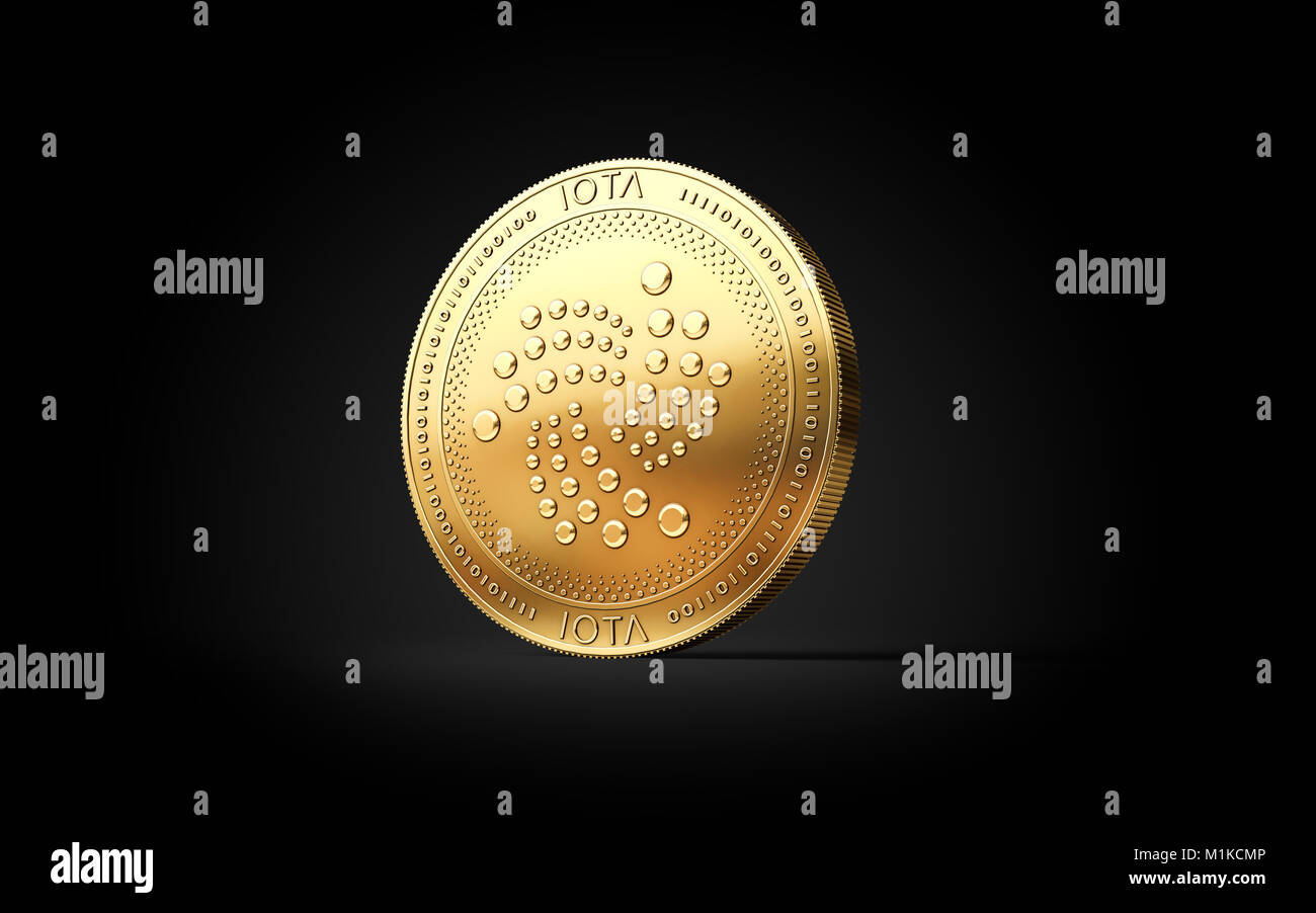 Golden IOTA cryptocurrency coin isolated on black background. 3D ...