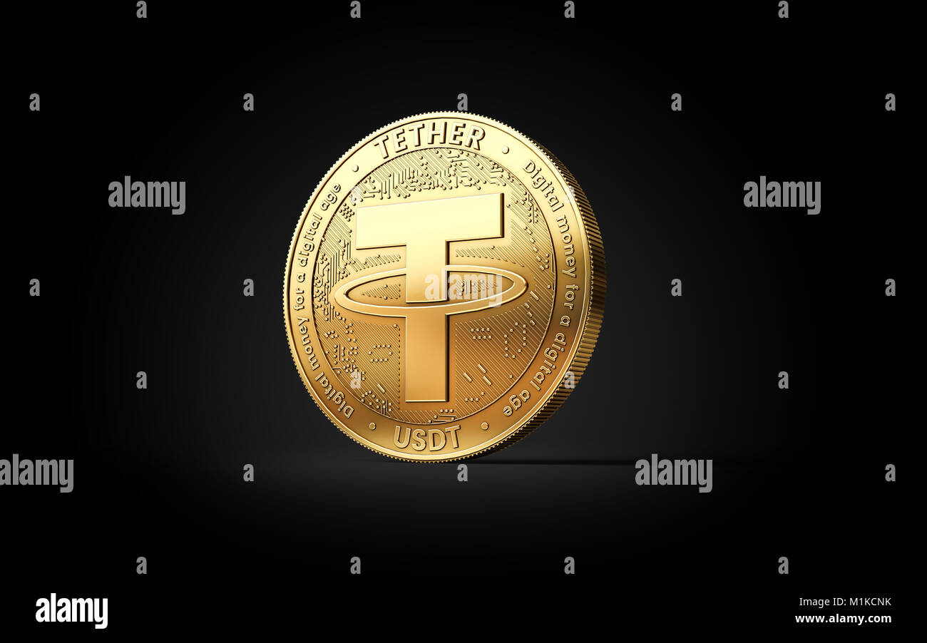 Golden Tether USDT cryptocurrency coin isolated on black background. 3D ...