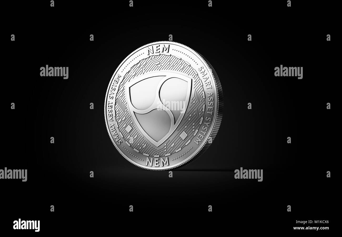 Silver NEM cryptocurrency physical concept coin isolated on black ...