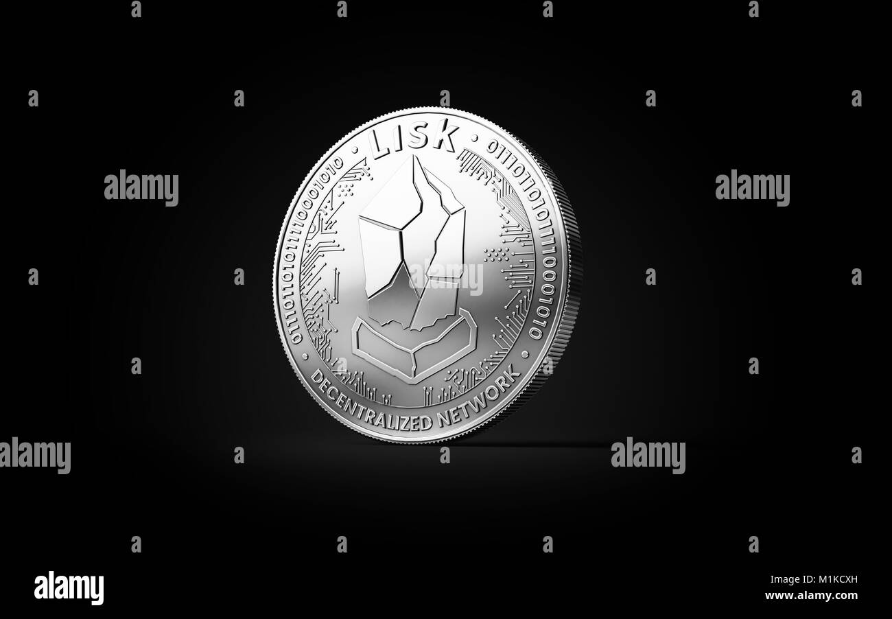 Silver LISK LSK cryptocurrency physical concept coin isolated on black ...