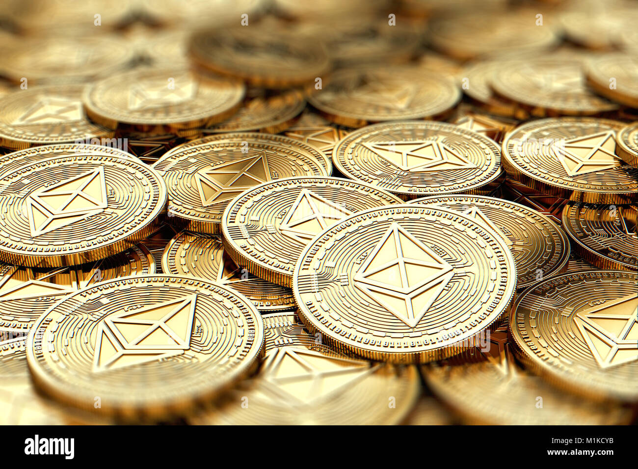 Stack of golden Ethereum ETH coins in blurry closeup with copy space ...