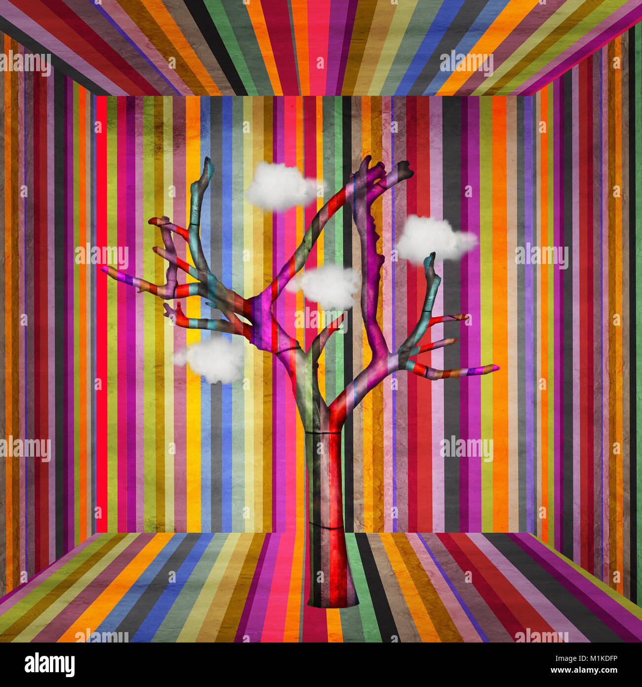 Surreal image representing a colorful striped tree and clouds ...