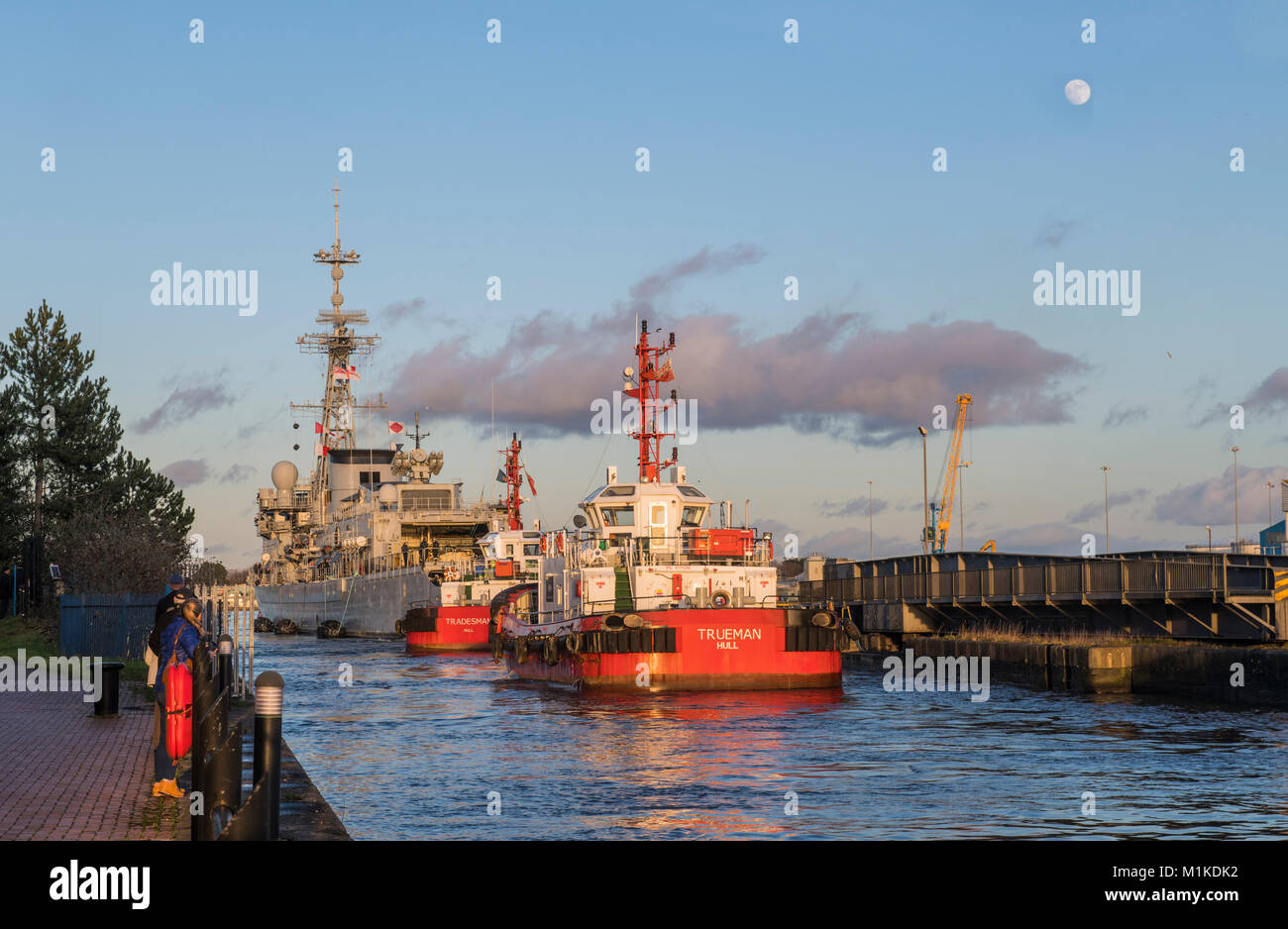 French Naval Vessel Primauguet leaving Cardiff Bay with help from three ...