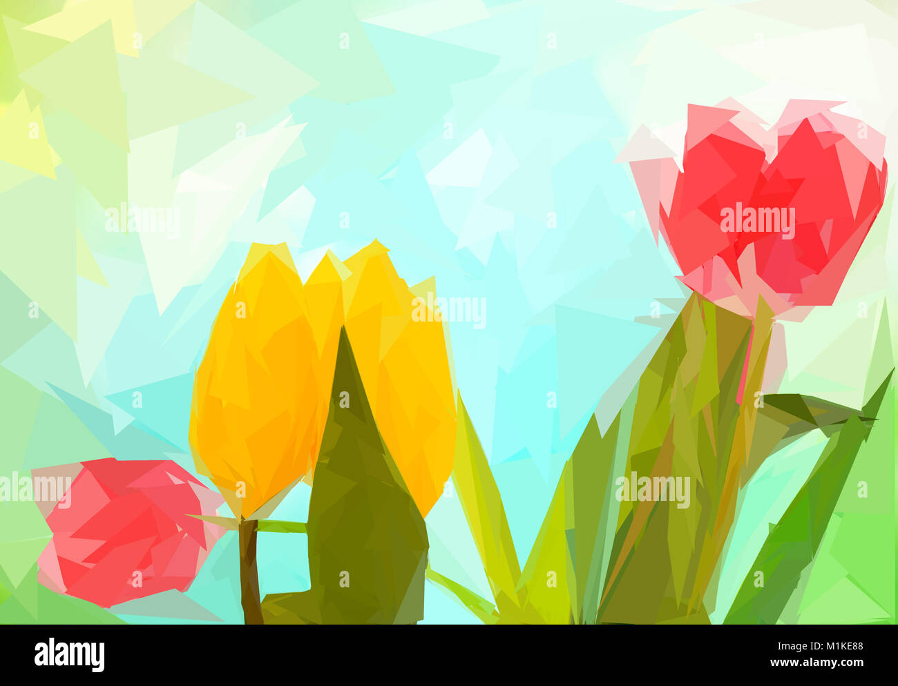 low poly spring flower background with colorful tulip, space for sample ...
