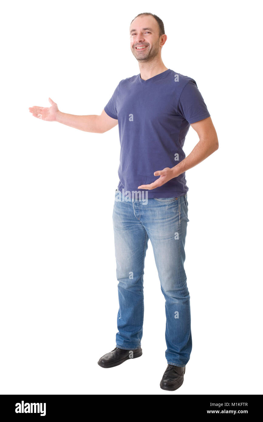 casual man with arm out in a showing gesture, isolated on white Stock ...