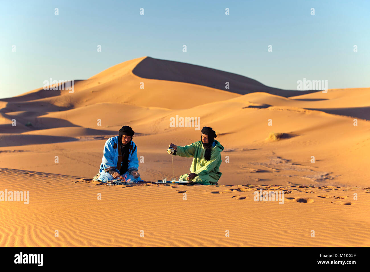 Morocco, Mhamid, Erg Chigaga sand dunes. Sahara desert. Local Berber ...