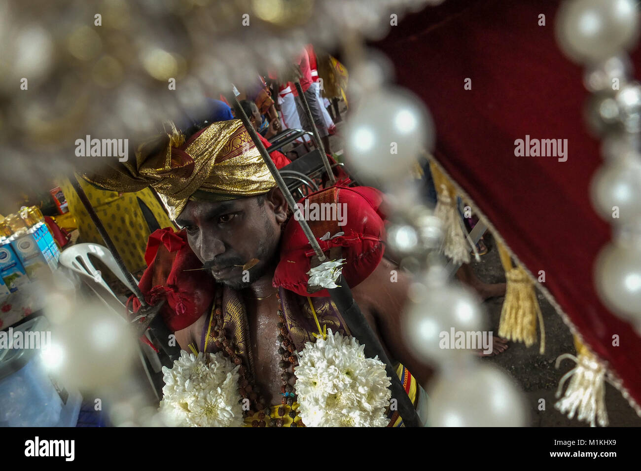 KUALA LUMPUR, MALAYSIA - JANUARY 30: A Hindu devotee with a Kavadi near ...