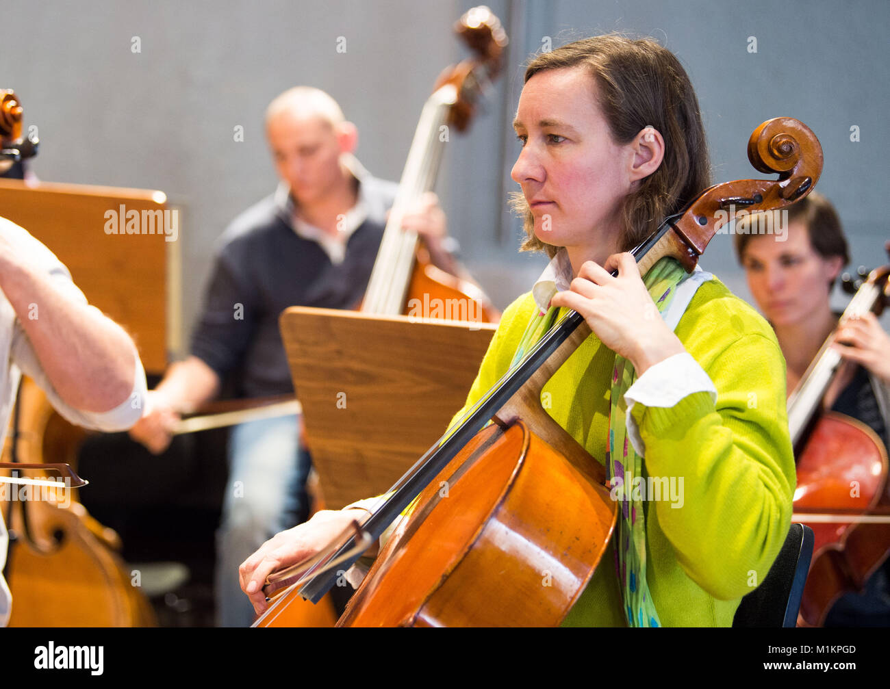 Barbara Eger (42) plays the cello while the symphonic orchestra of Bad ...