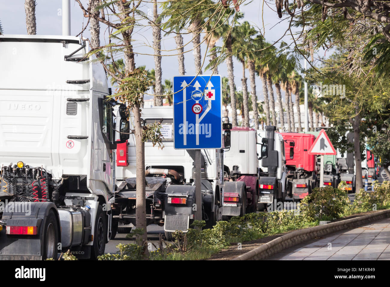 Long queue of lorries on motorway near port. Brexit no deal concept ...