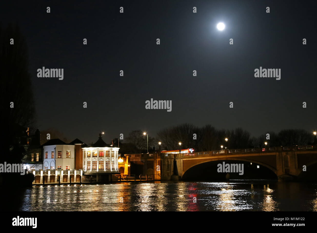 Blue super moon over Hampton Court Bridge, Hampton Court, London ...